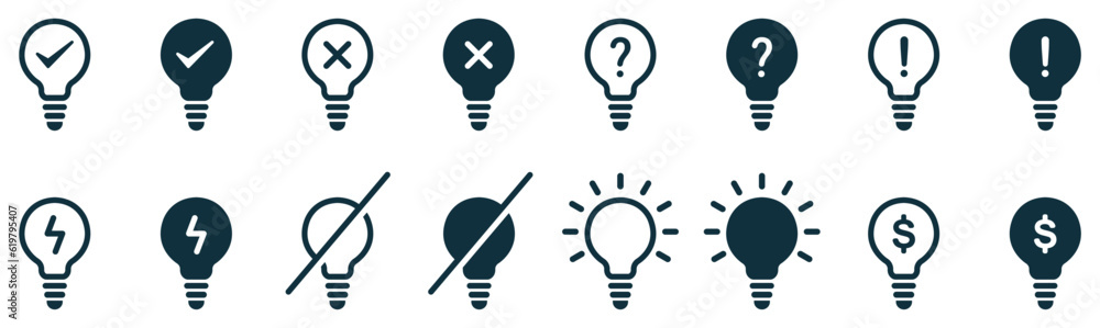 Set of light bulb icons. Lamp with check marks and signs, light bulbs ...