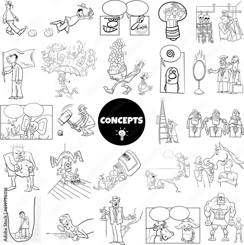 cartoon concepts or metaphors with comic characters set Stock Vector ...