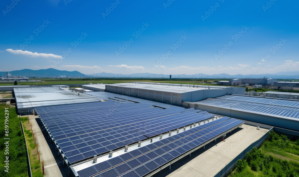 Solar panels on factory.Architectural detail of metal roofing on ...