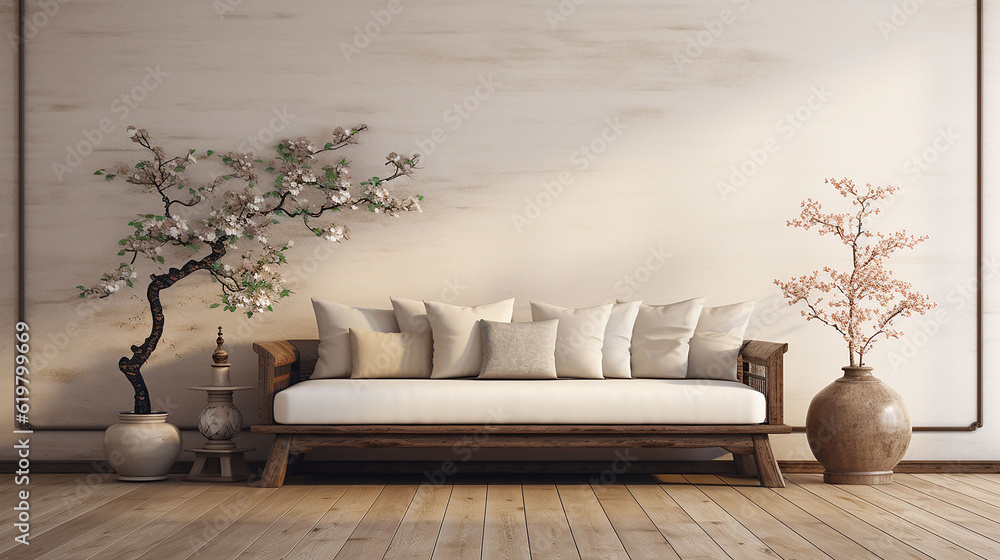 Vintage Chinese living room, antique wood day bed sofa, coffee table ...