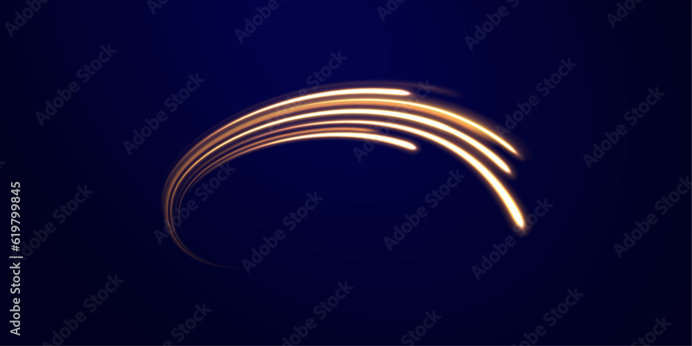 Vortex streams of neon light. Lines in the shape of a comet against a dark background. Magic of ...