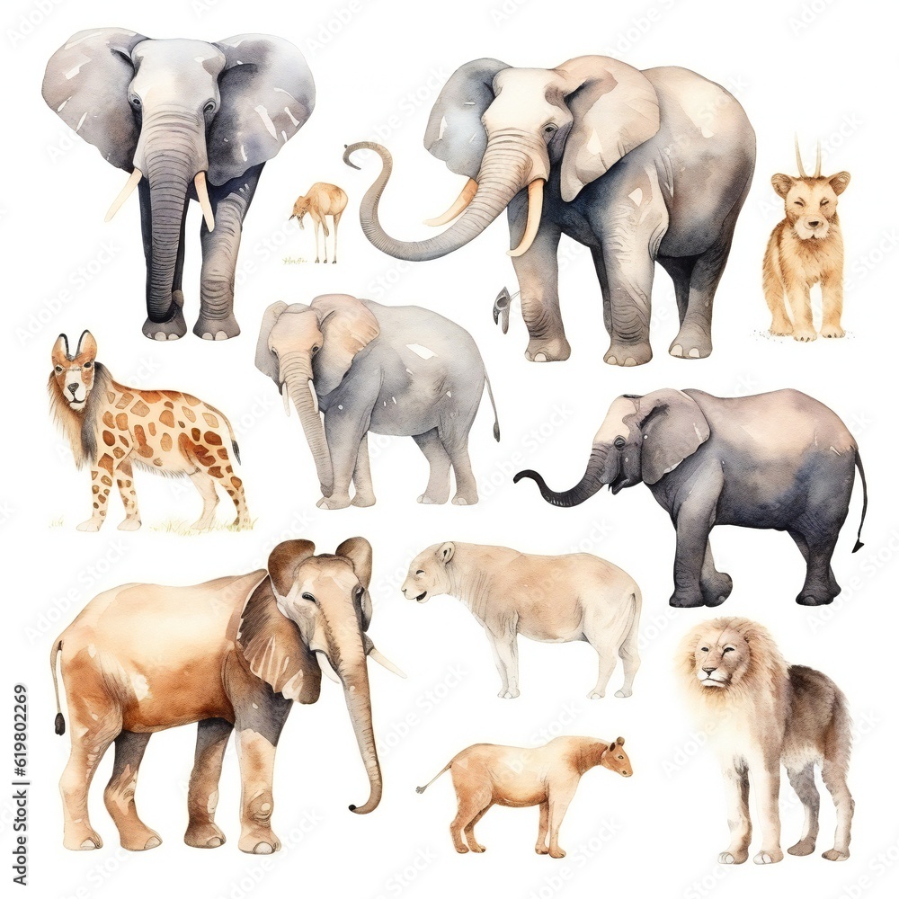 Vintage watercolor African Animals clip art set on white background ...