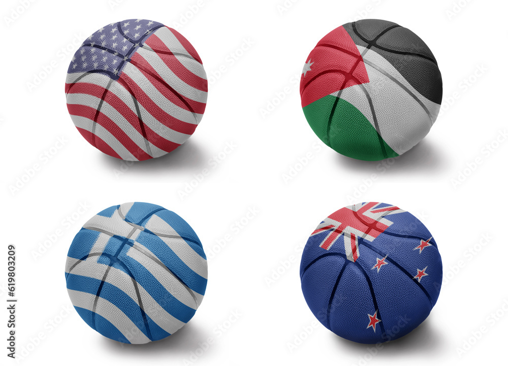 basketball balls with the national flags of jordan new zealand united ...