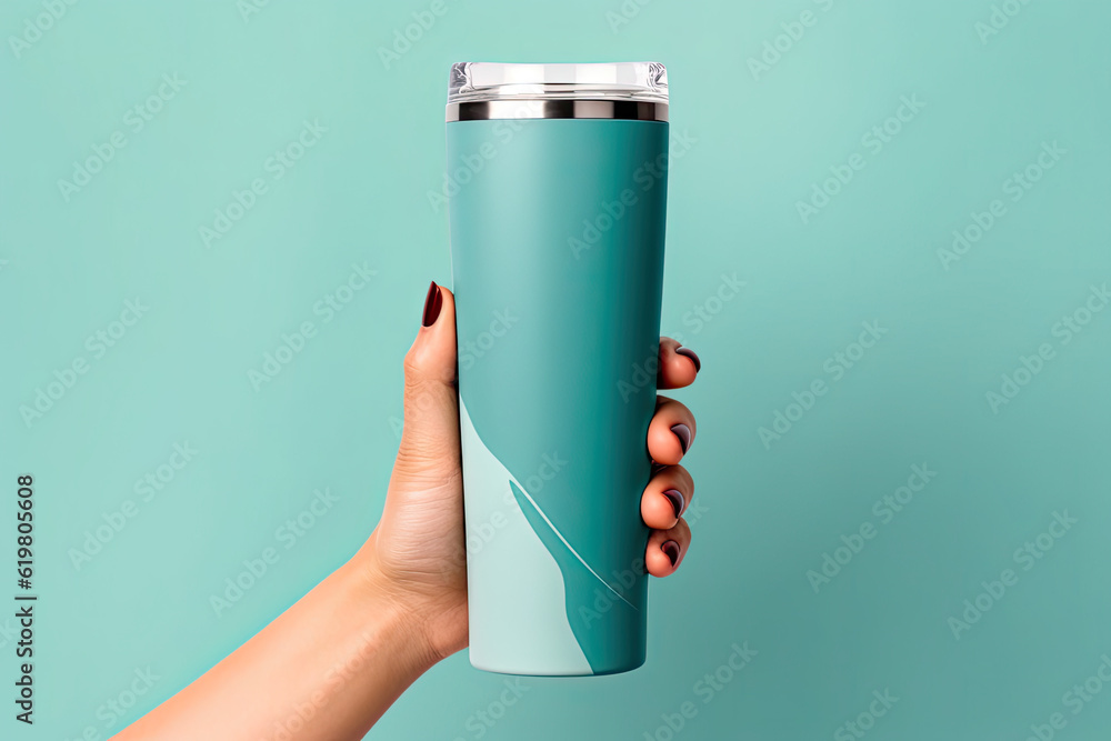 Realistic Hand Holding 20oz Skinny Tumbler Mockup with Full Wrap Design ...