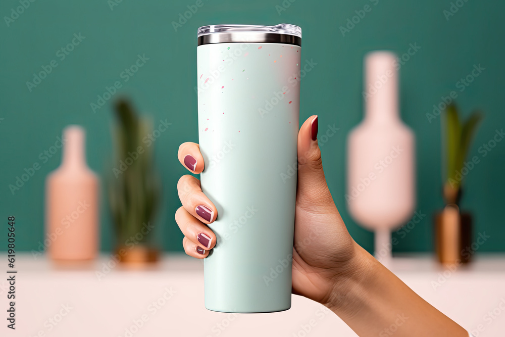 Realistic Hand Holding 20oz Skinny Tumbler Mockup with Full Wrap Design ...