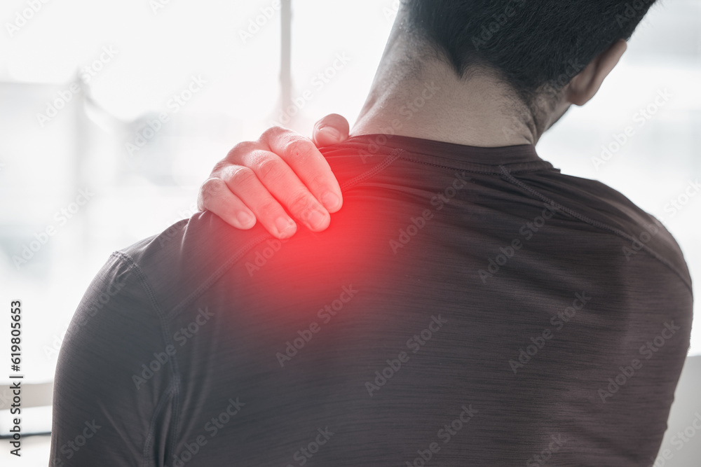 Hand, back pain and injury with the shoulder of a man in red highlight ...