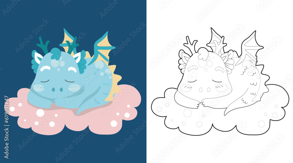 Adorable baby dragon coloring page. Coloring baby dragon sleeping on ...