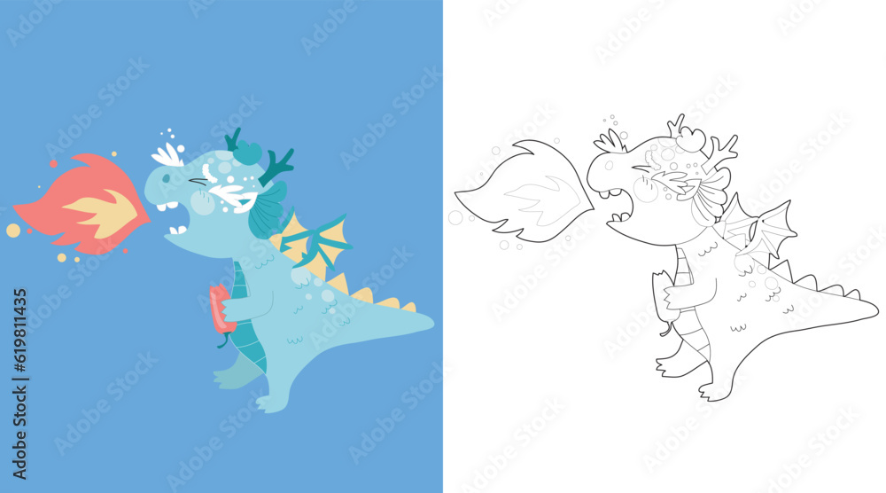 Coloring baby dragon crying and spit a fire suffering from hot spices ...