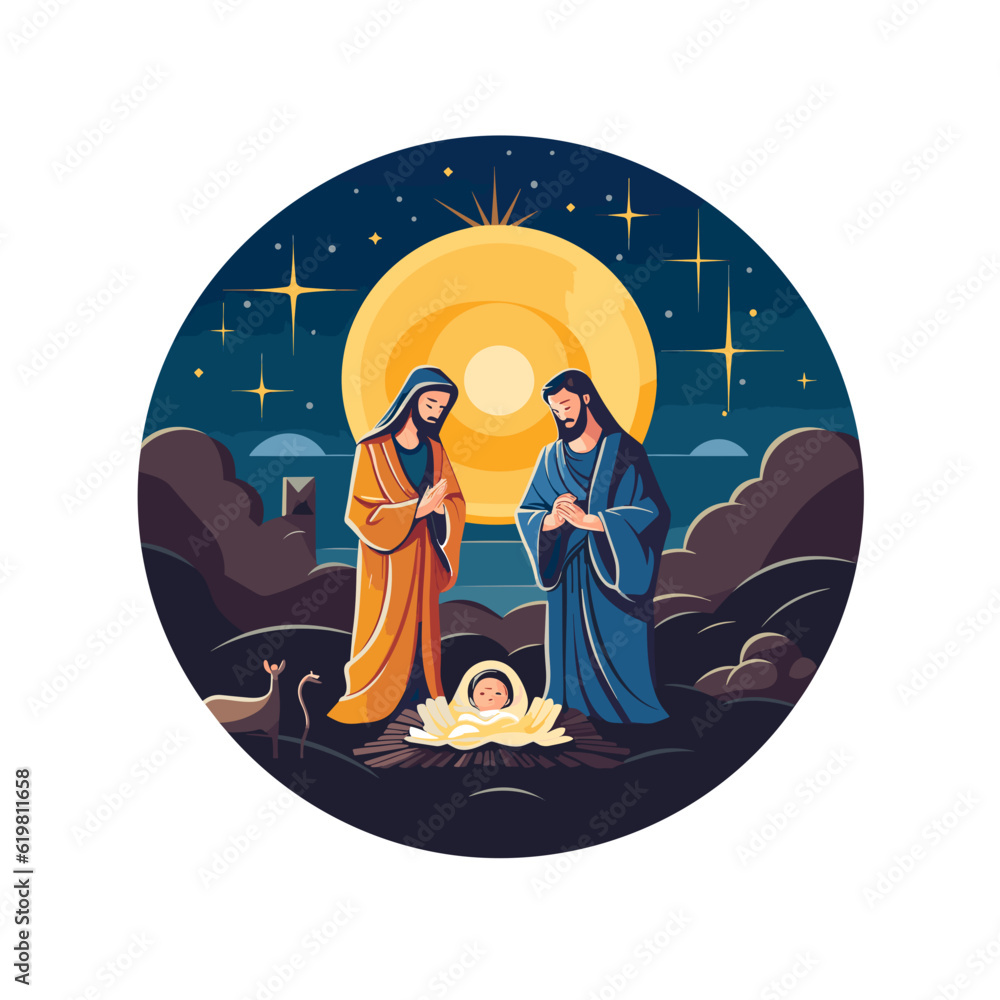 Holy Family Nativity Scene, Lettering Vector Illustration Stock Vector ...