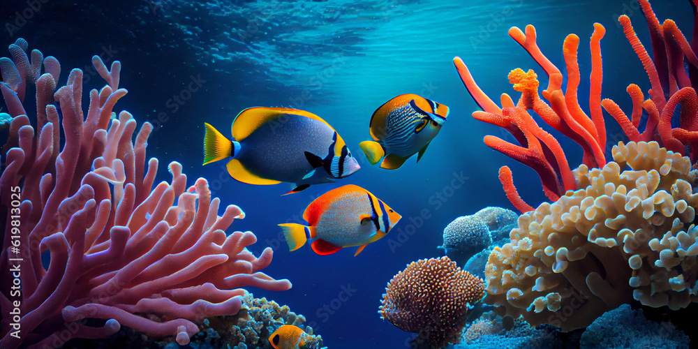 Multi-colored tropical fish swimming underwater against the backdrop of ...