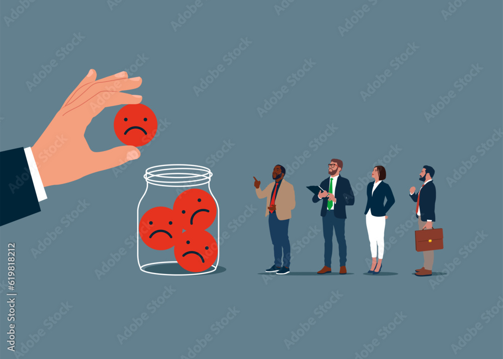 Business people collect negative emoticons into Glass Jar. Bad review ...