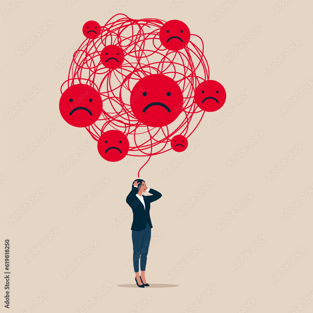 Confused woman with a cloud of negative emoticons above his head ...