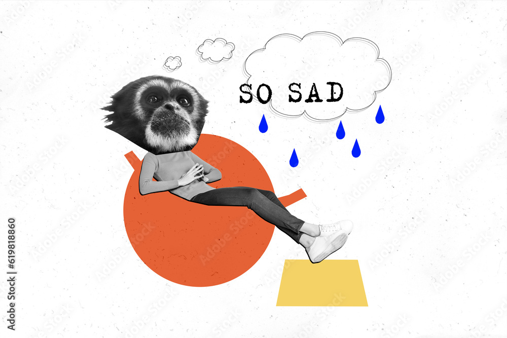 Composite collage image of sad unhappy upset male monkey head wild ...