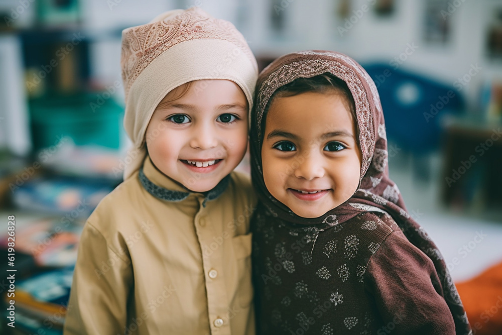 Muslim boy and girl student in classroom, friendship, preschool Musilim ...