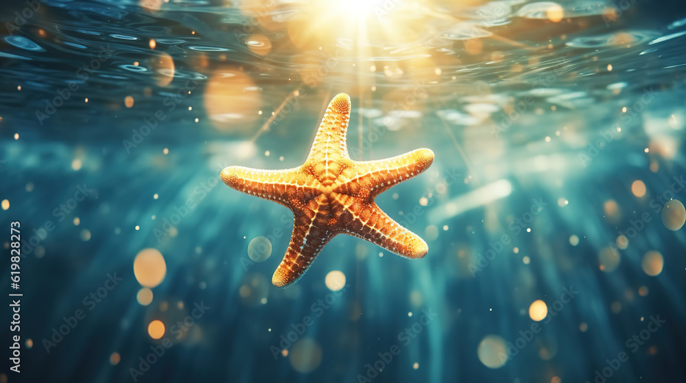 Sea star floating under water in sea, cinematic colors and lens flare ...