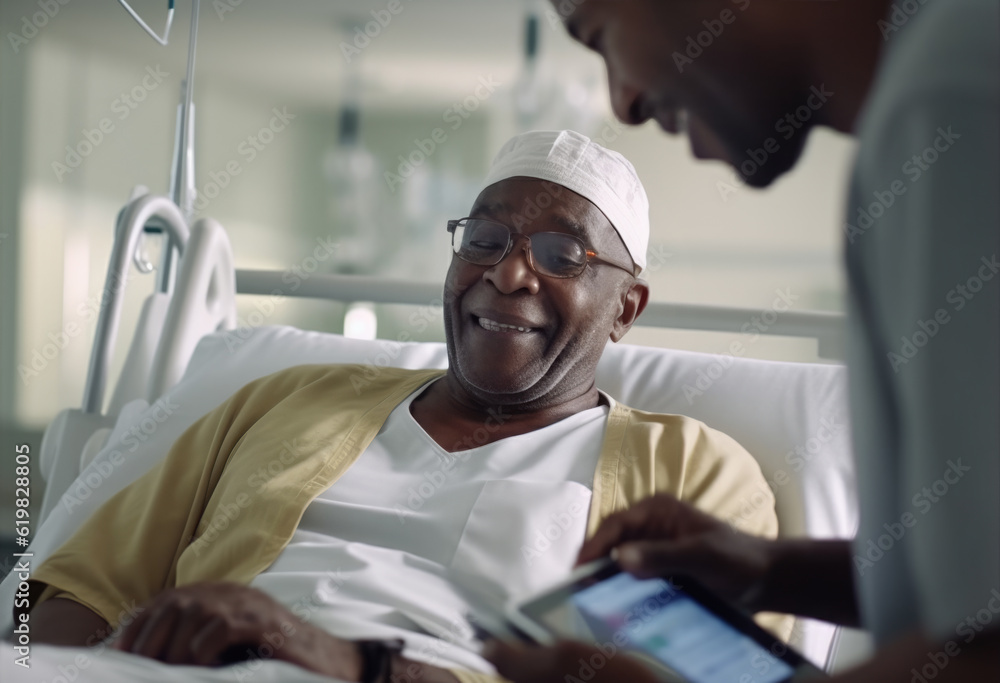 Smiling african man in hospital bed, on the road to recovery talking to ...