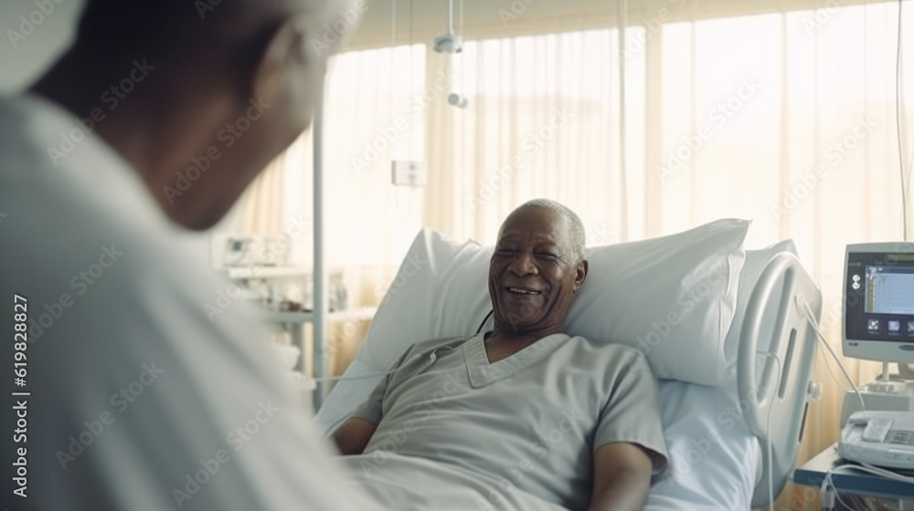 Mature african man smiling at doctor in hospital room, good healthcare ...