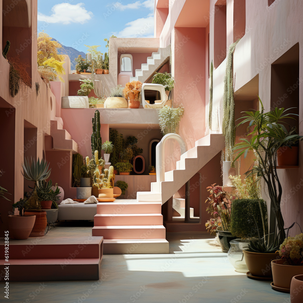 Stucco blush pink courtyard with many pots of plants cactus succulents ...