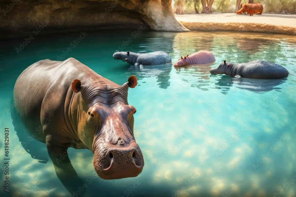 A group of hippopotamus lounging in the river in the zoo, hippo in the ...