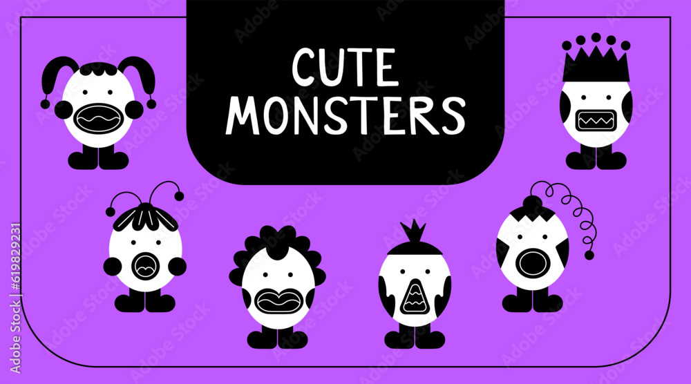 Cute little monsters, cartoon characters set. Collection of simple ...