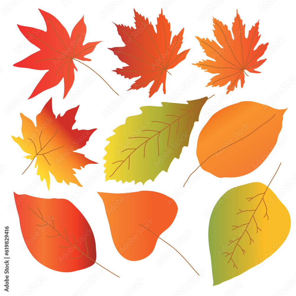 Autumn leaves vector illustration with gradient in warm yellow, orange ...