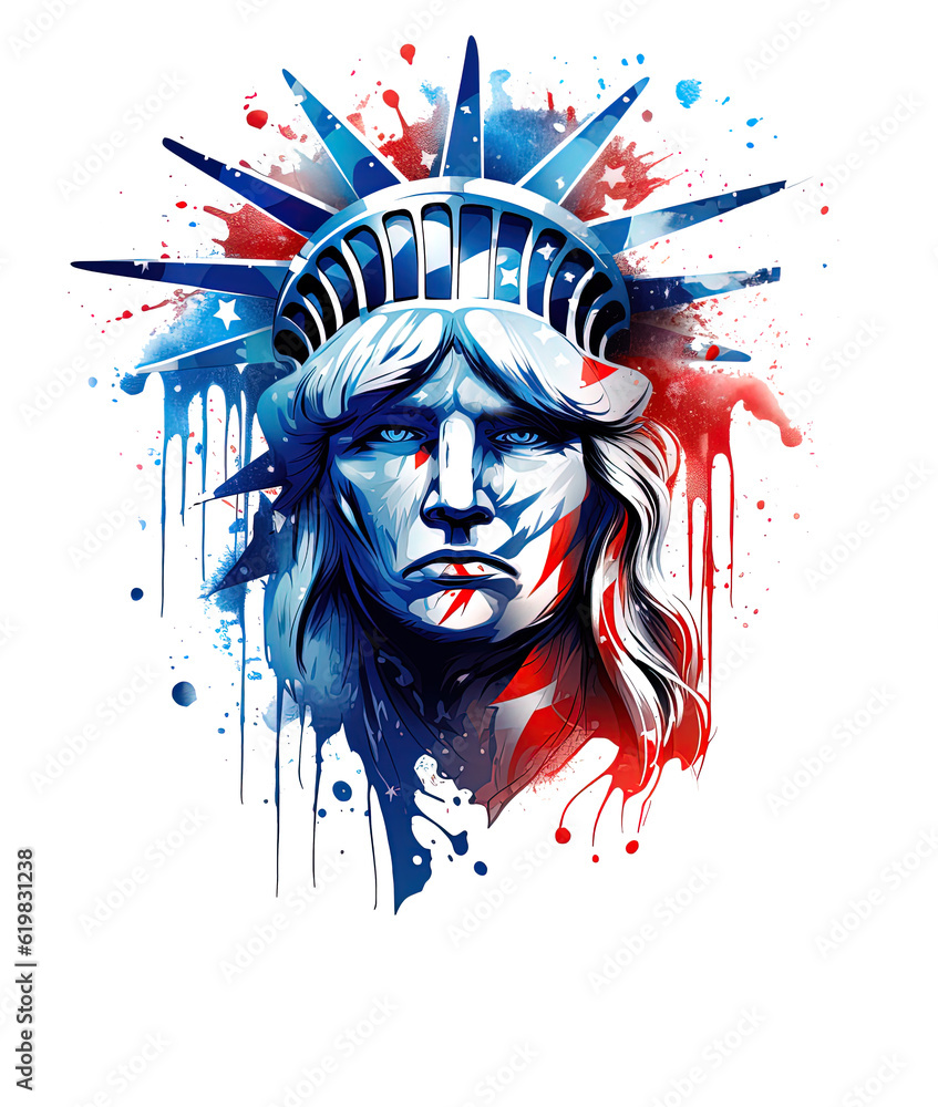 The face of Lady Liberty painted in the colors of the American flag ...