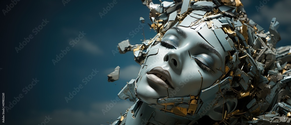 Concrete and welded rusty corroded steel metal sculpture portrait of a ...