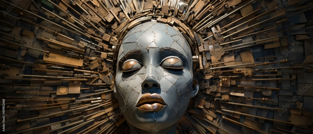 Concrete and welded rusty corroded steel metal sculpture portrait of a ...