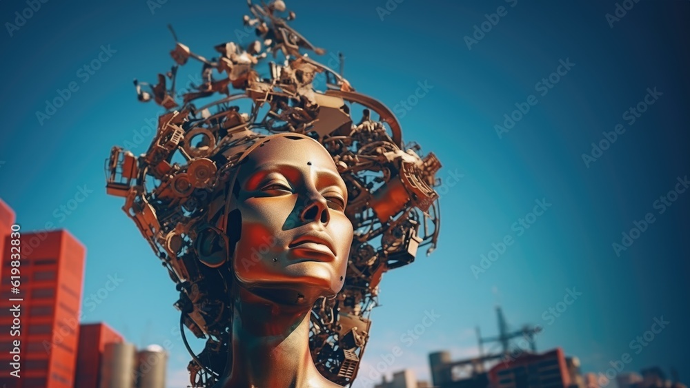 Concrete and welded rusty corroded steel metal sculpture portrait of a ...