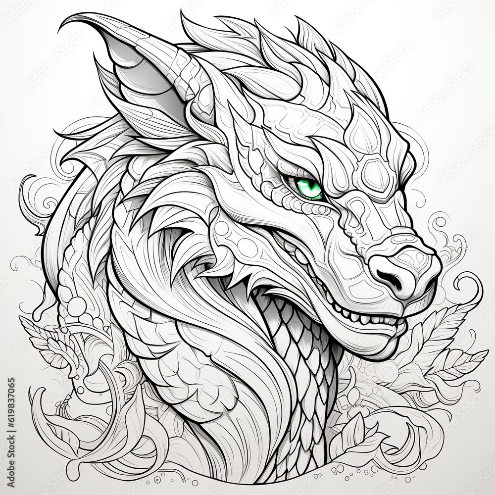 Monochrome mandala with dragon head for coloring. Symbol of 2024. Year ...