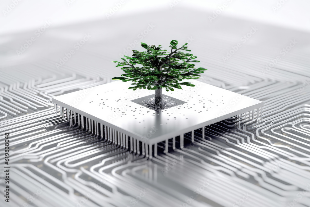 Generative AI illustration of small tree growing on microchip computer ...