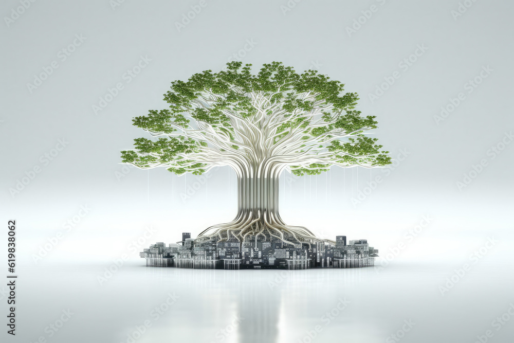 Generative AI illustration of beautiful glowing tree growing on cities ...