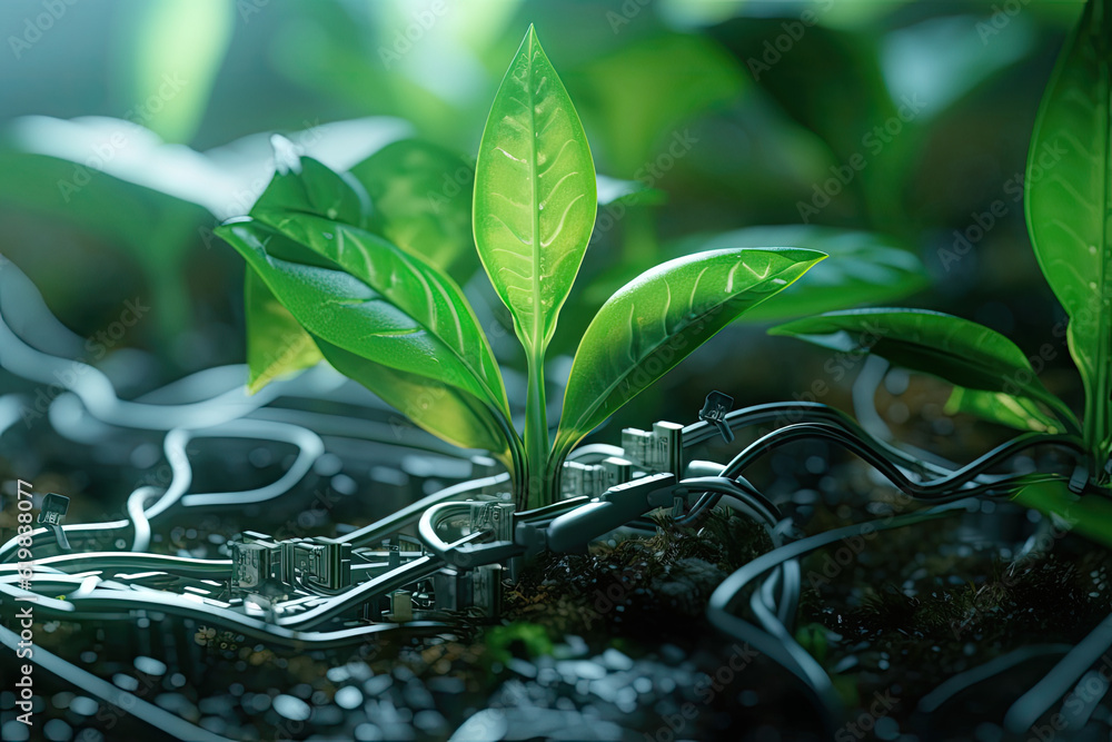 Generative AI illustration of glowing plants growing on computer chip ...