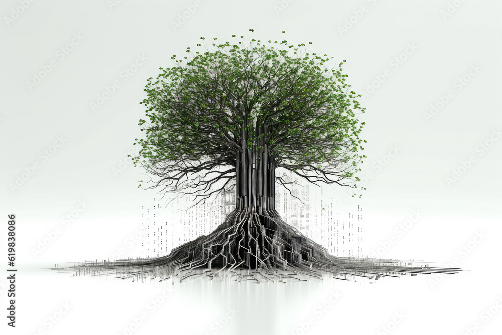 Generative AI illustration of green tree made with white cables ...