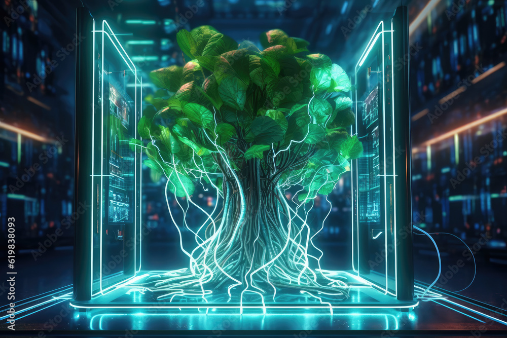 Generative AI illustration of contemporary glass wall with glowing neon ...