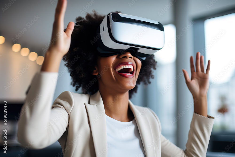 Generative AI illustration of anonymous joyful African American female ...