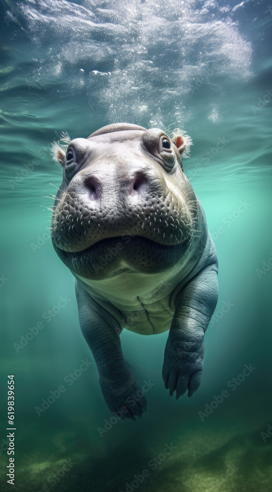 ภาพประกอบสต็อก Generative AI illustration of cute curious hippopotamus ...