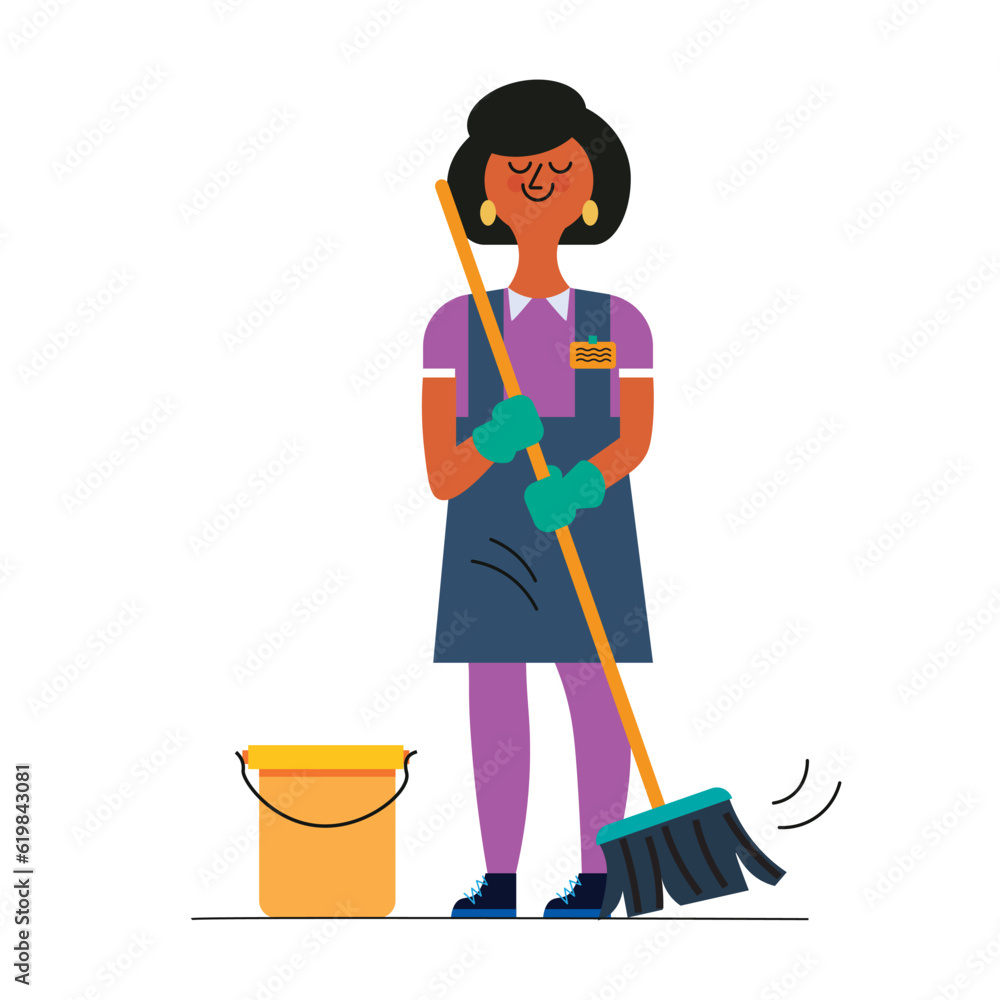 janitor lady in uniform holding a mop, mid century cartoon flat ...
