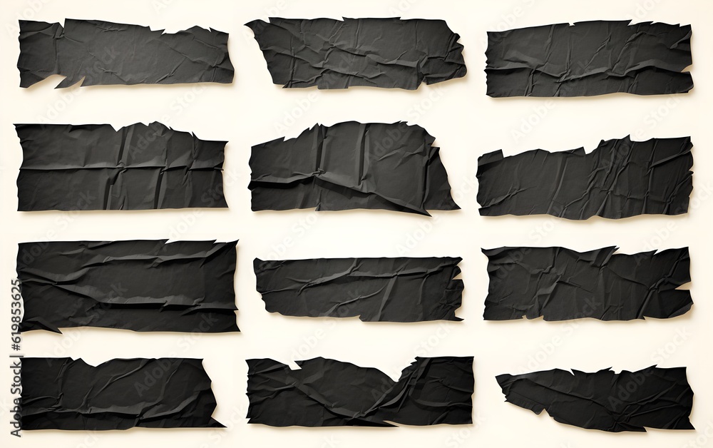 Collection of identical black ripped tapes, detailed texture, isolated ...