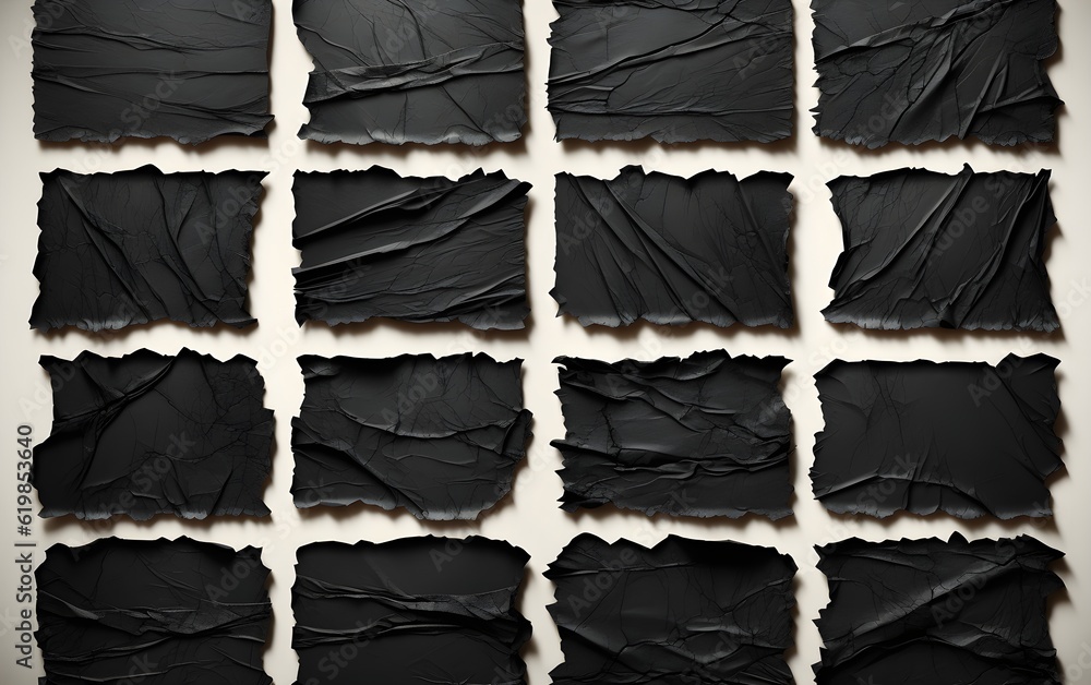 Collection of black paper tapes, ripped texture, isolated on white ...