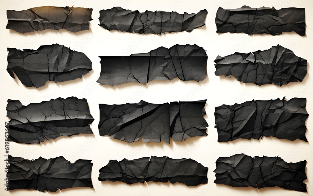 Black ripped paper tapes collection, isolated on white background ...