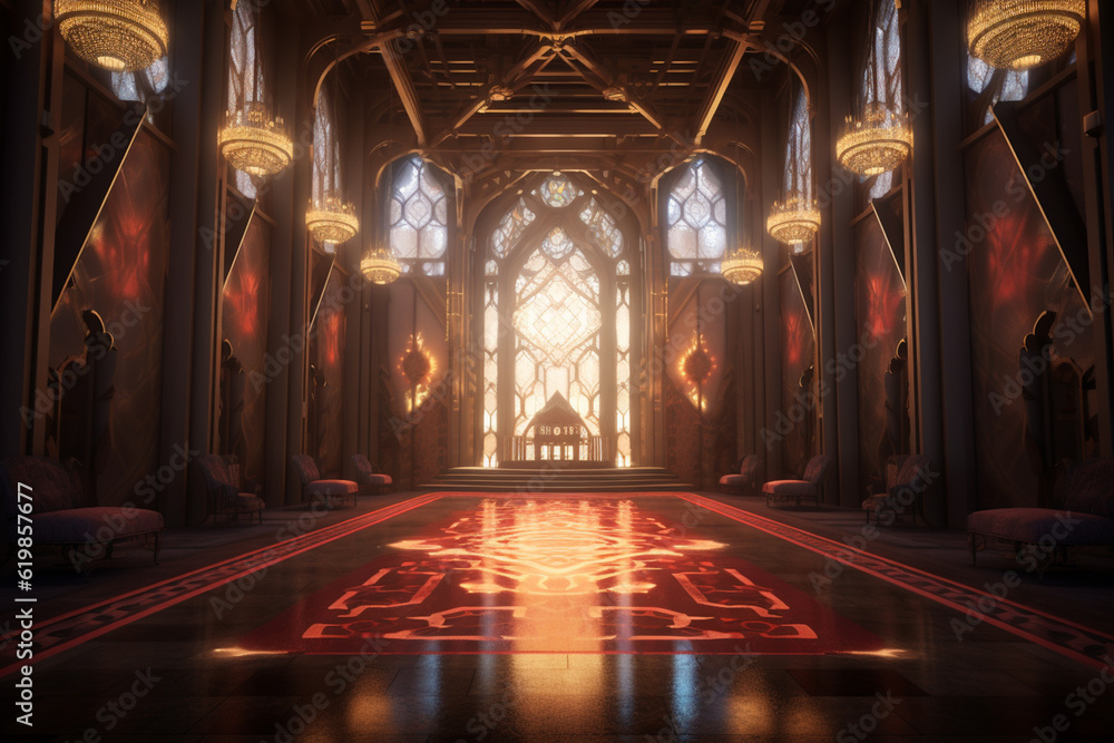 A geometric-inspired throne room with angular architecture and ...