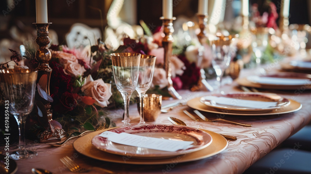 Formal wedding place setting on long table background with plates ...