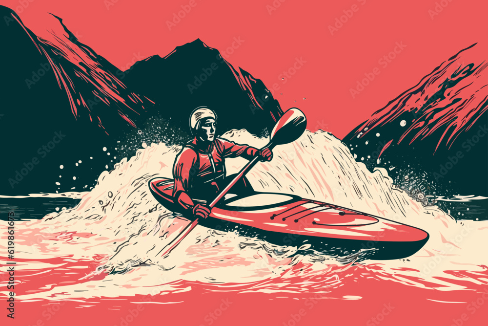 Hand-drawn cartoon White water kayaker flat art Illustrations in ...