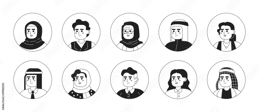 Arabian multicultural people monochrome flat linear character heads set ...