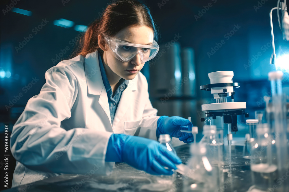 Serious concentrated female microbiologist in sterile clothing and ...