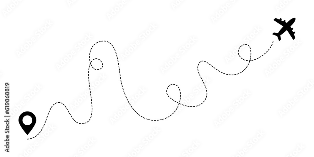 Airplane line route path. Plane flight itinerary map track dash trace ...