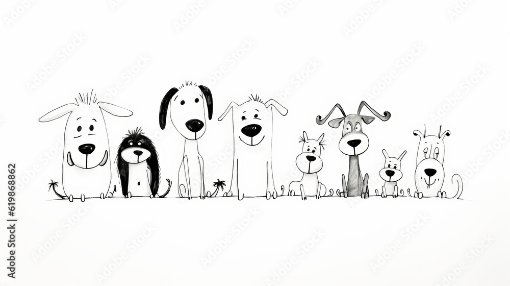 Happy dogs minimalistic kids drawing, ink line art style in black on ...
