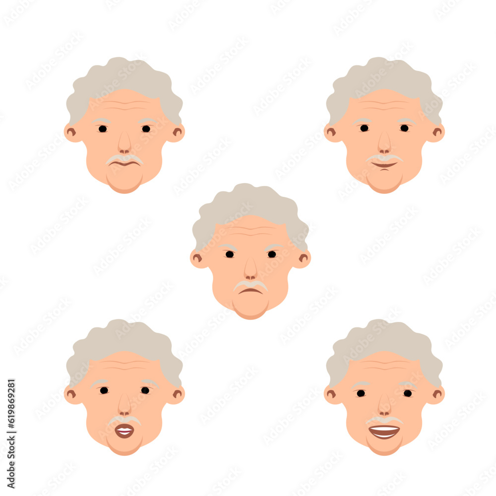 Old man with gray hair and mustache cartoon character avatar with 5 ...