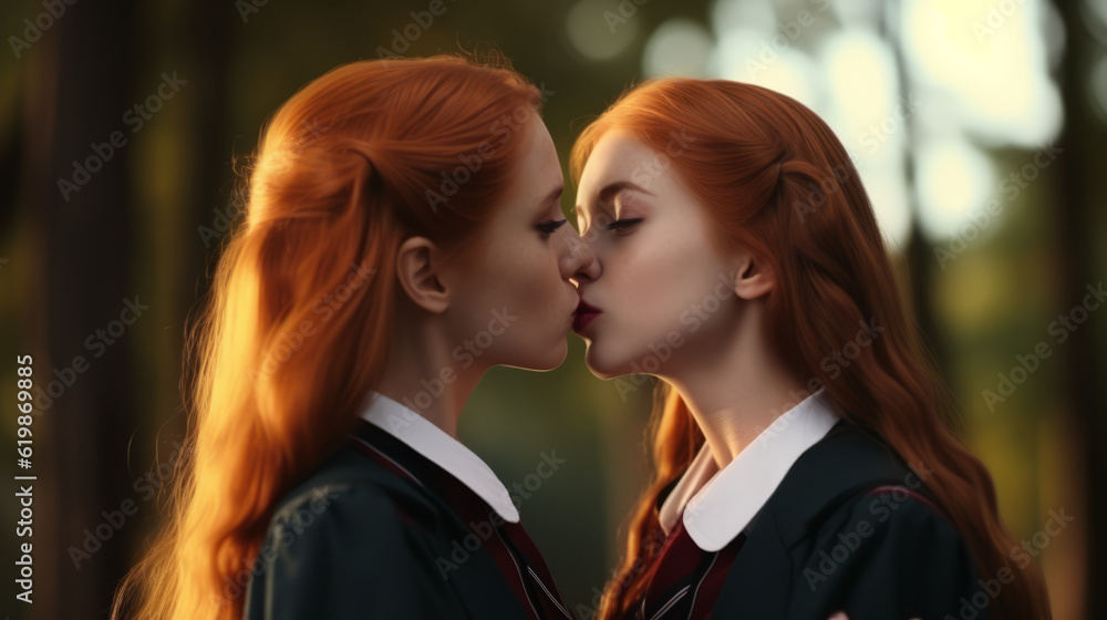 Two redhead students girls are kissing wearing english style uniform Stock Illustration | Adobe ...
